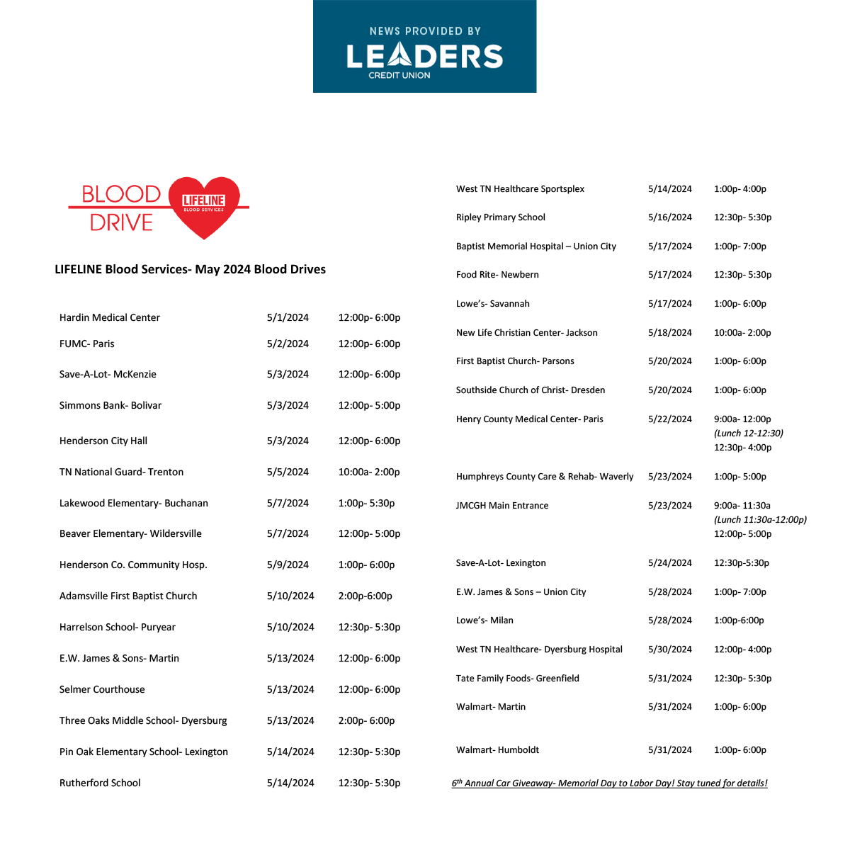LIFELINE Blood Services - May mobile calendar - Talk-N West TN